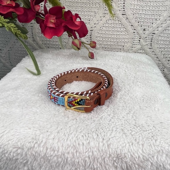 Accessories | Brown Leather Beaded Aztec Design Belt | Poshmark